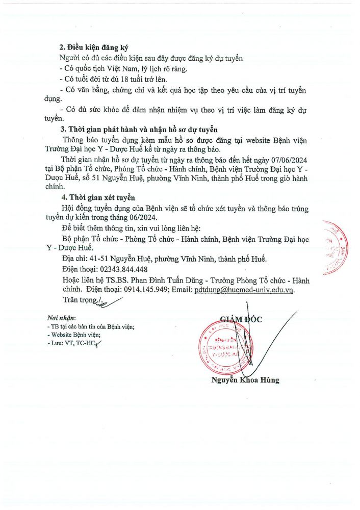 Thông báo v/v Tuyển dụng Hợp đồng lao động năm 2024 | BV Trường ĐH Y-Dược Huế